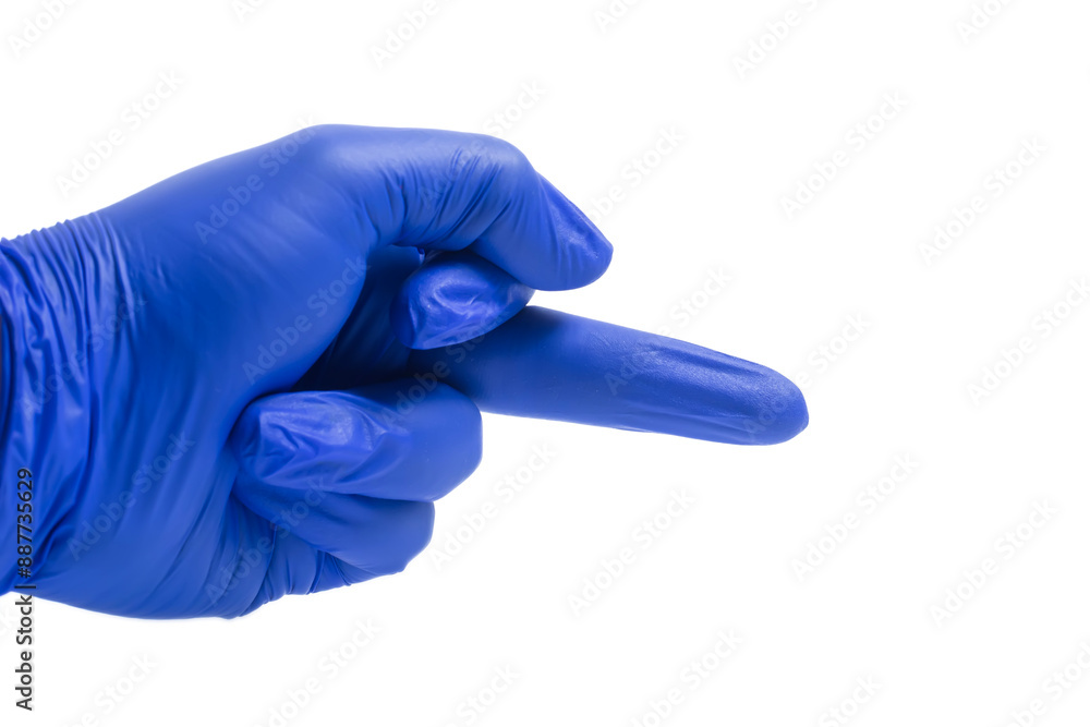 Blue gloved hand showing obscene gesture with middle finger on white ...