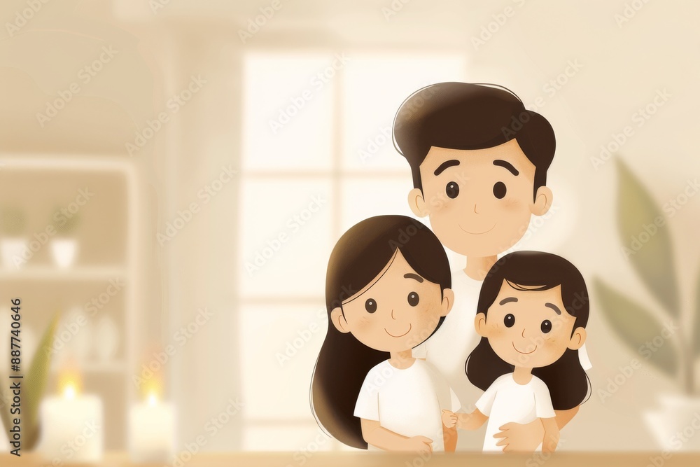 Happy Asian Family with One Child - Cartoon Illustration of Parenting ...