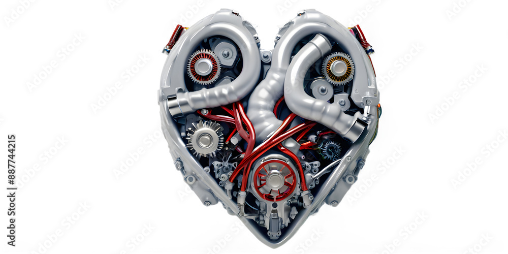 A visually striking representation of a mechanical heart, intricately ...