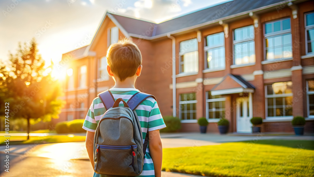 young boy with a backpack standing in front of a school building at ...