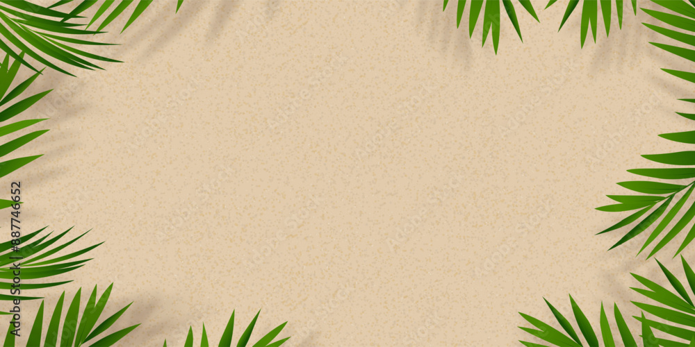 Sand texture background with palm leaves border frame,Coconut leaf ...