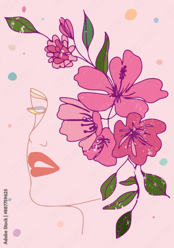 Outline of a girl, woman, with a beautiful flower, line drawing ...