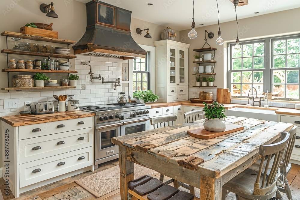 Farmhouse Kitchen A farmhouse-style kitchen with white shaker cabinets ...
