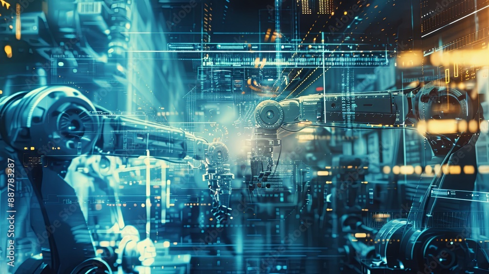 Industry 4 0 Double Exposure Concept Automation Robotic Arms Machine And Monitoring System