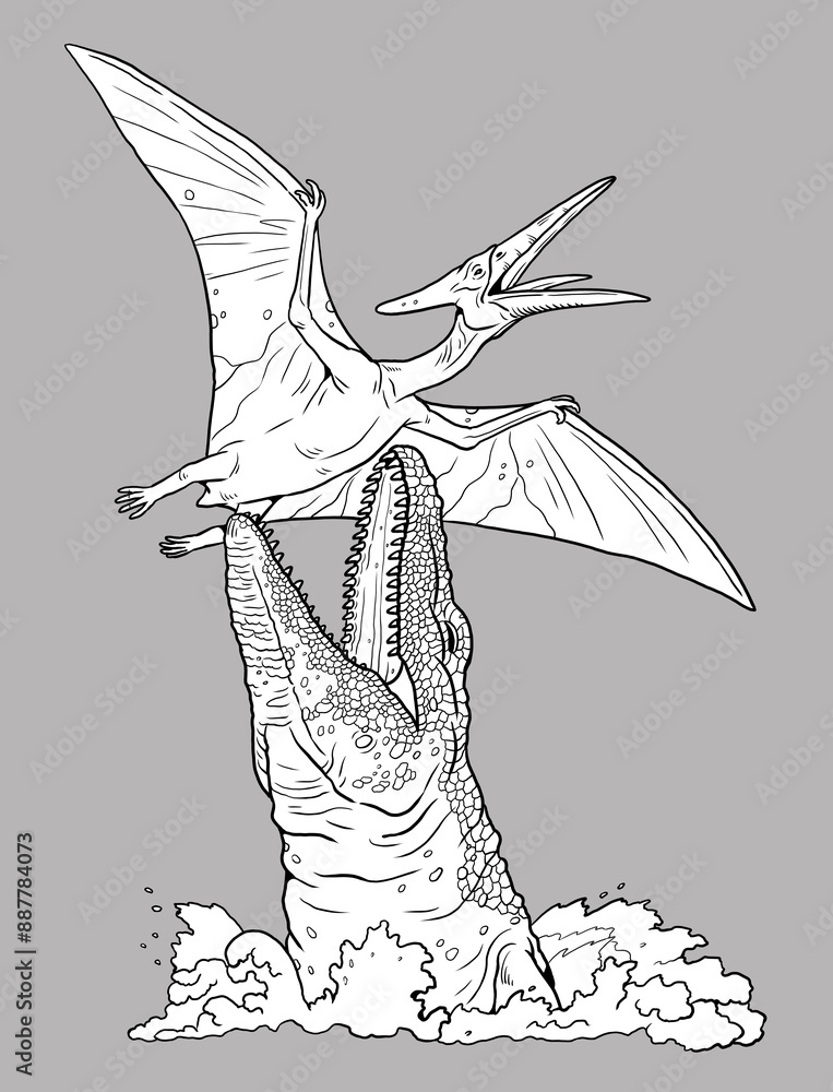 Mosasaurus attacks a flying Pteranodon from the water. Handmade drawing ...