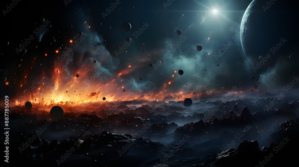 A fiery hellscape of a planet's surface is pelted with asteroids as a ...