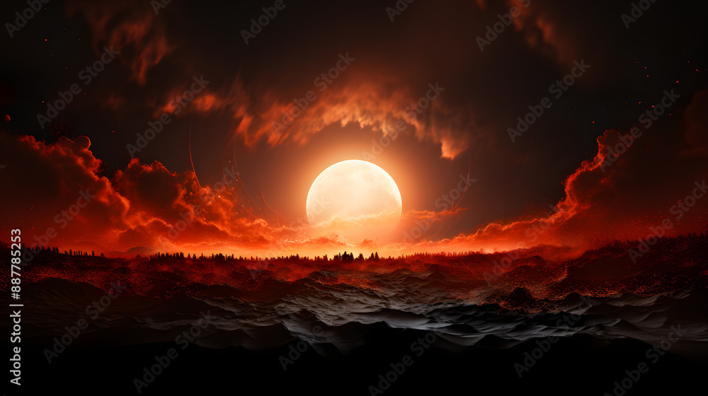 A fiery hellscape with red clouds and lava flowing like an ocean under ...