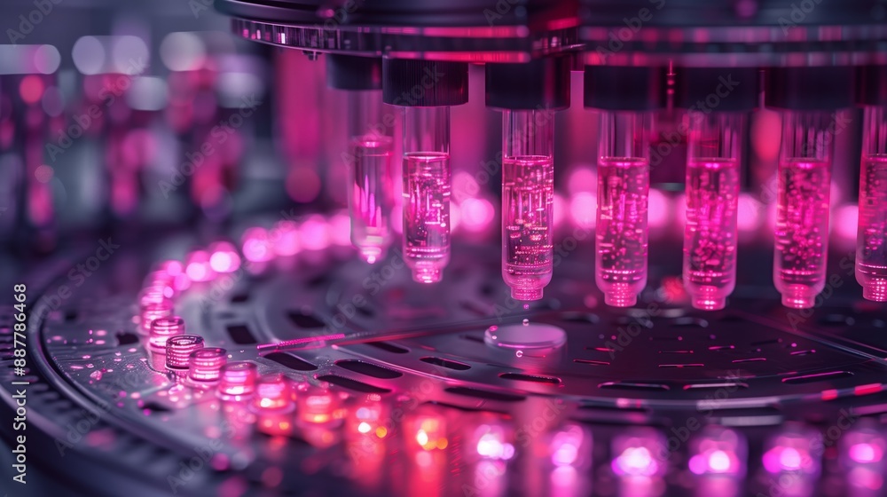 Close-up of a lab-on-a-chip device with multiple microfluidic channels ...