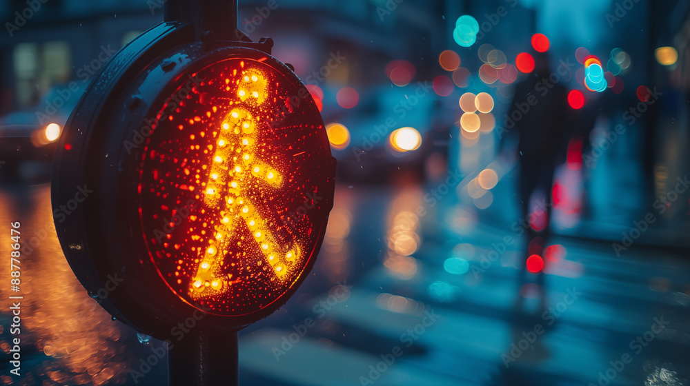 Traffic light with an orange walking pedestrian signal next to a ...