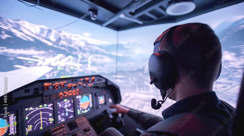 Person using a flight simulator with control panel and cockpit view of ...