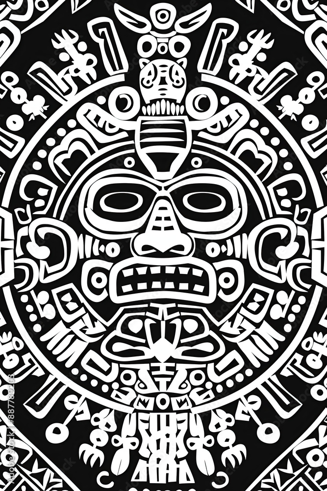 illustrated aztec pattern with mayan mask in center, circular ...
