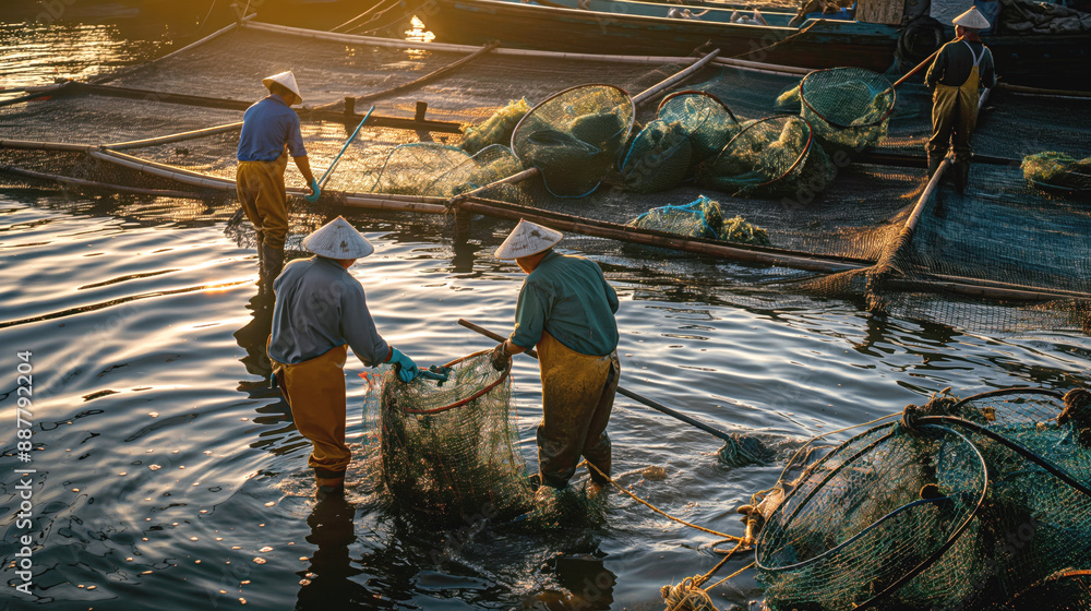 Fishermen working with nets in water at sunrise, wearing conical hats ...