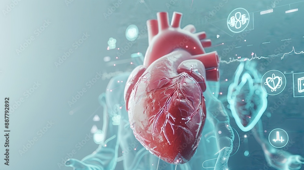 3D illustration of human heart with white lines on a light blue ...