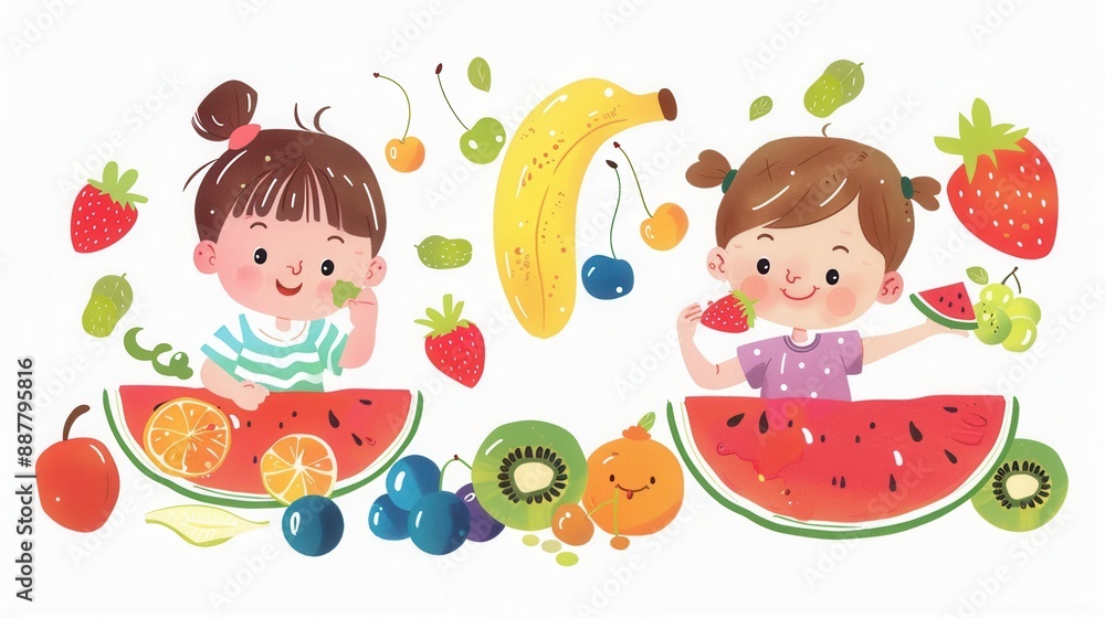 Cartoon flat vector drawing of a boy and a girl eating seasonal fruits ...