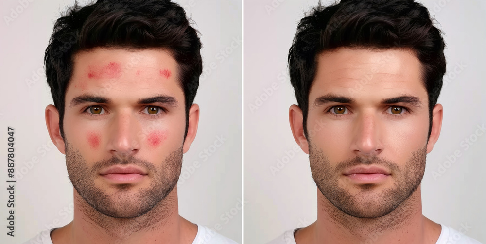 Rosacea & Skin Conditions : Men's Faces, Before After Treatment. Close ...