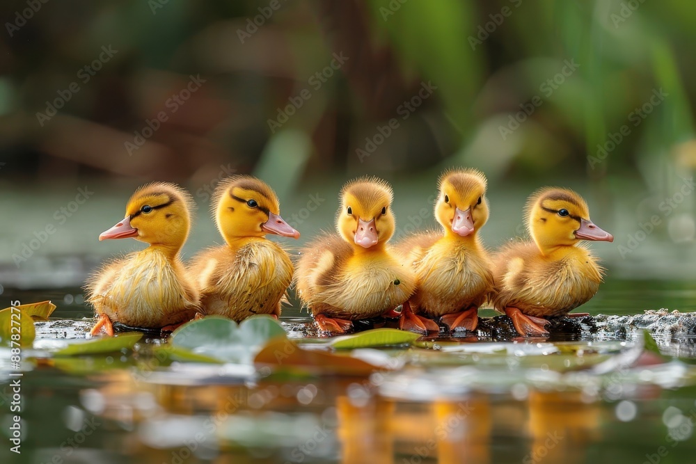 Five yellow ducklings waddling in a straight line on the edge of a pond ...