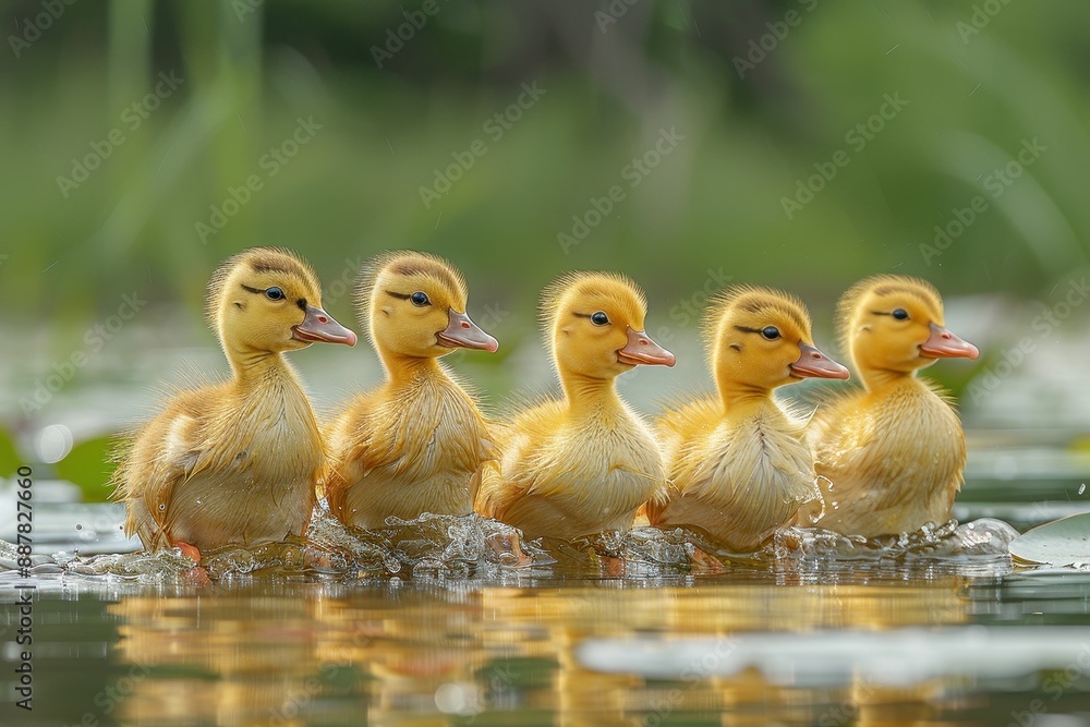 Five yellow ducklings waddling in a straight line on the edge of a pond ...