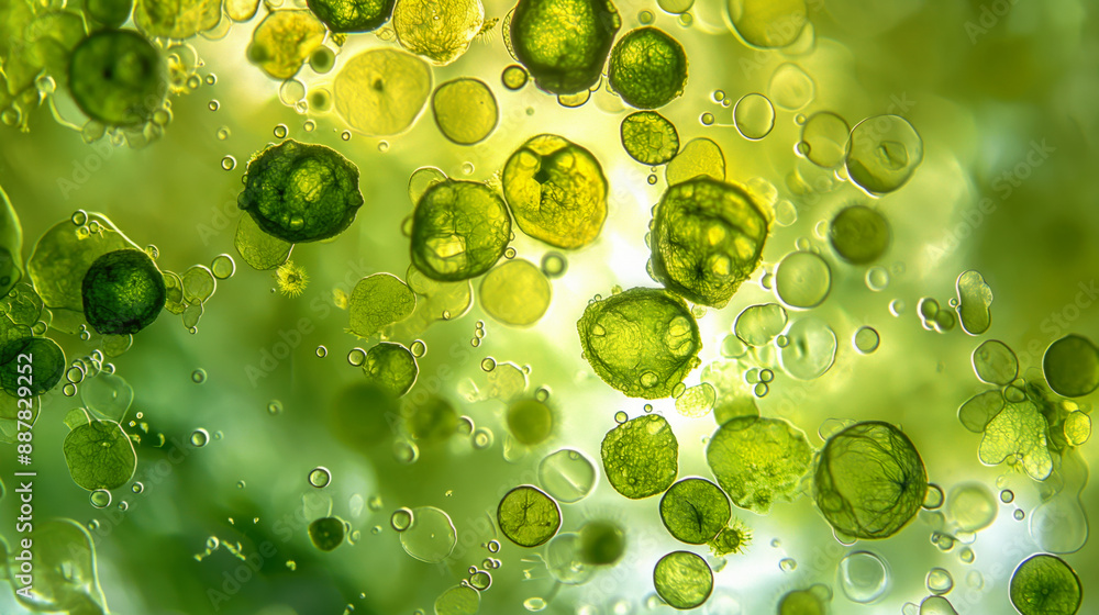 A microscopic view of green algae cells in a fluid environment ...