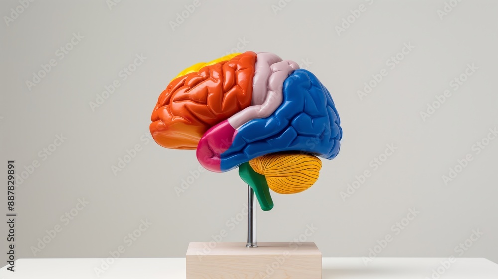 A colorful brain model is displayed on a wooden stand. The model is ...