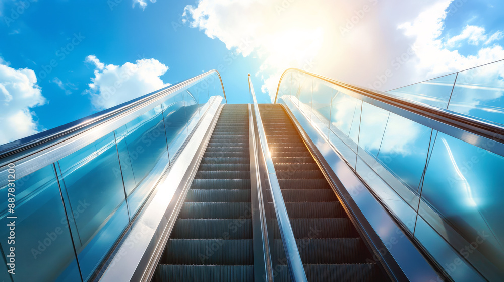 A modern escalator under a blue sky with clouds, shot from a low angle ...
