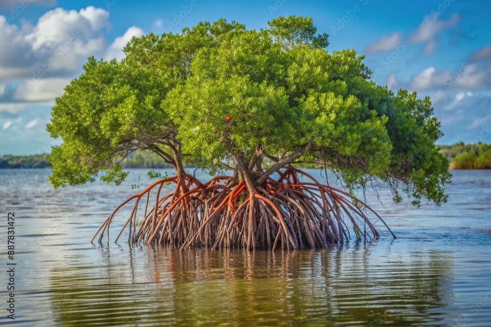 Foto de Red mangrove bush with stilt root arching above water surface ...