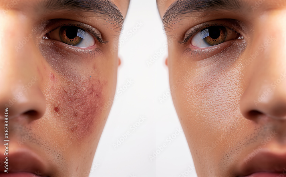 Rosacea & Skin Conditions : Men's Faces, Before After Treatment. Close ...