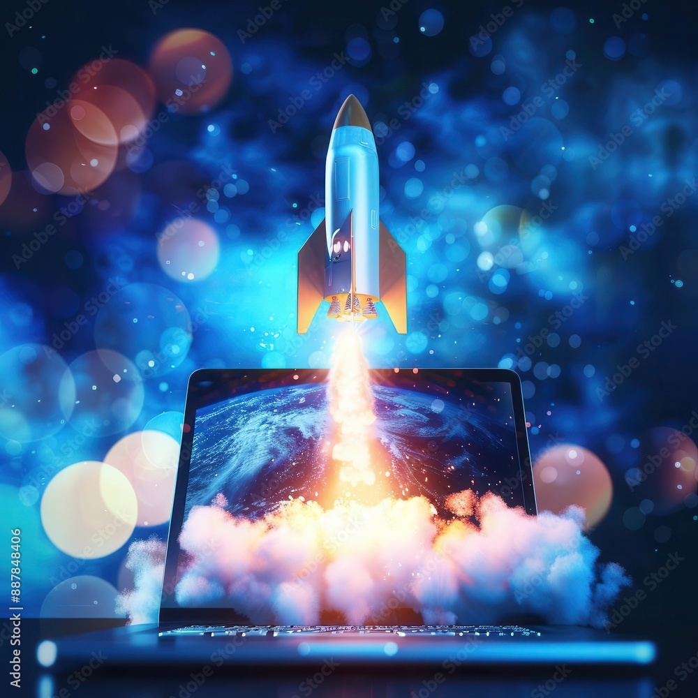 digital startup concept vibrant blue background with a laptop screen ...
