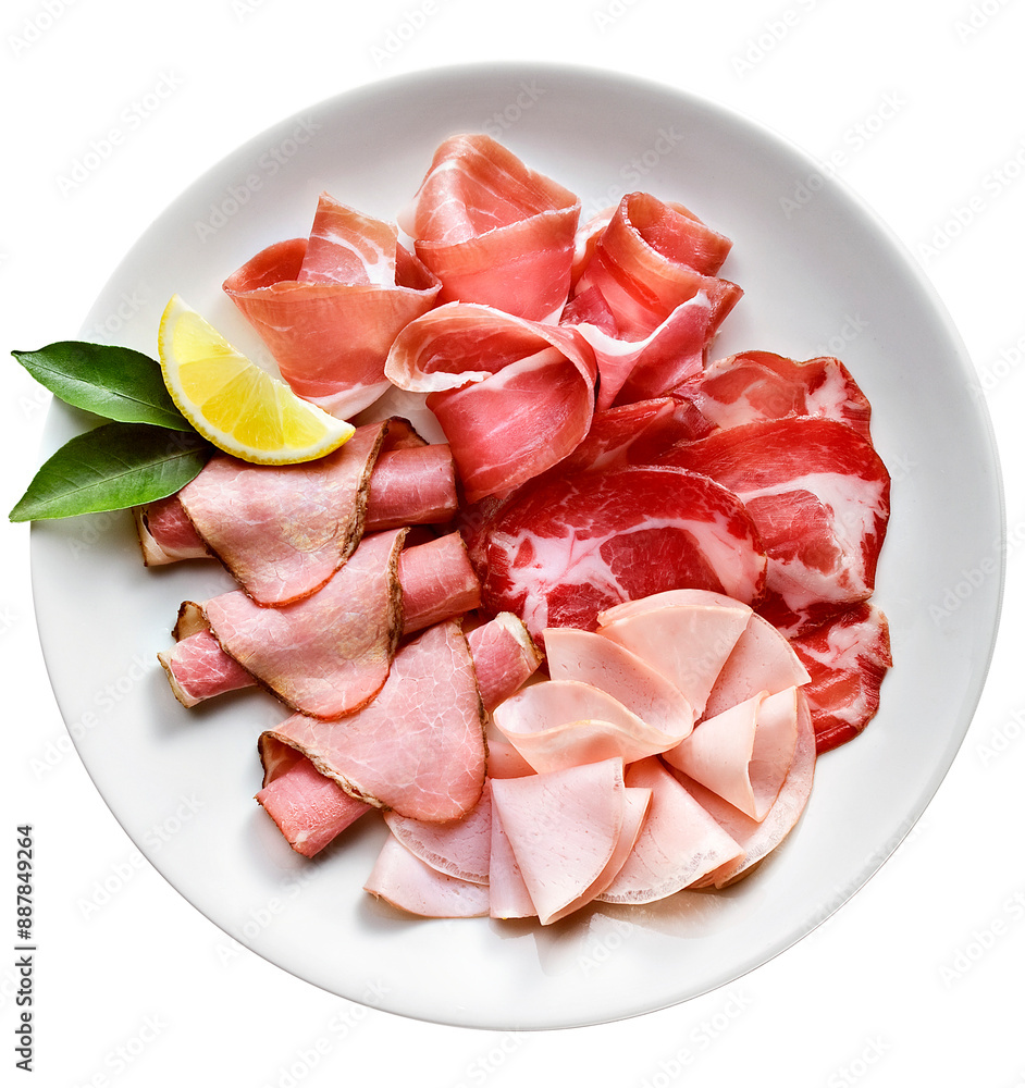 prato com rosbife, salame, presunto, peito de peru fatiado e copa visto ...