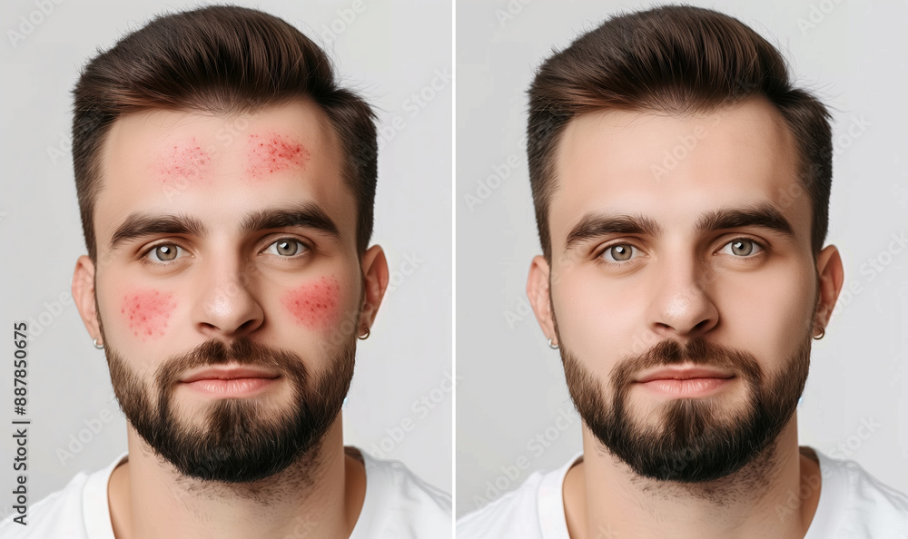 Rosacea & Skin Conditions : Men's Faces, Before After Treatment. Close ...