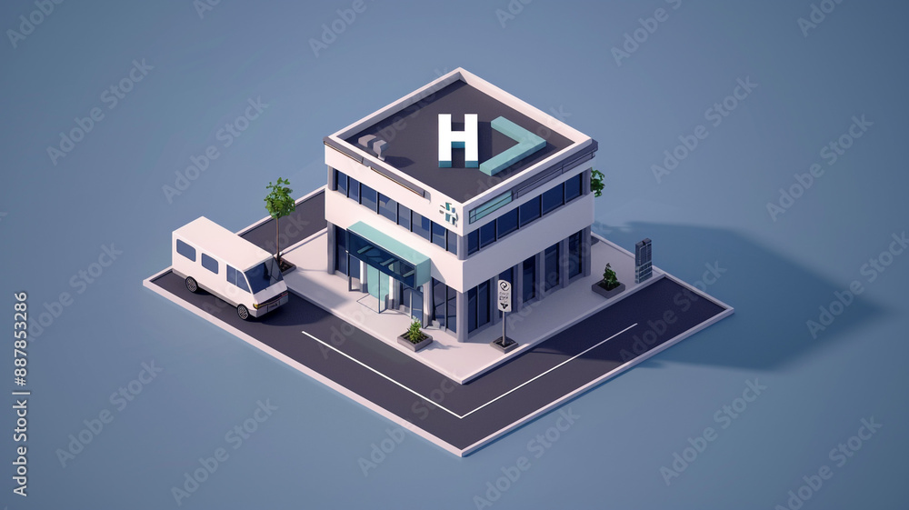 A model of a building with a car and trees on the side. architectural ...