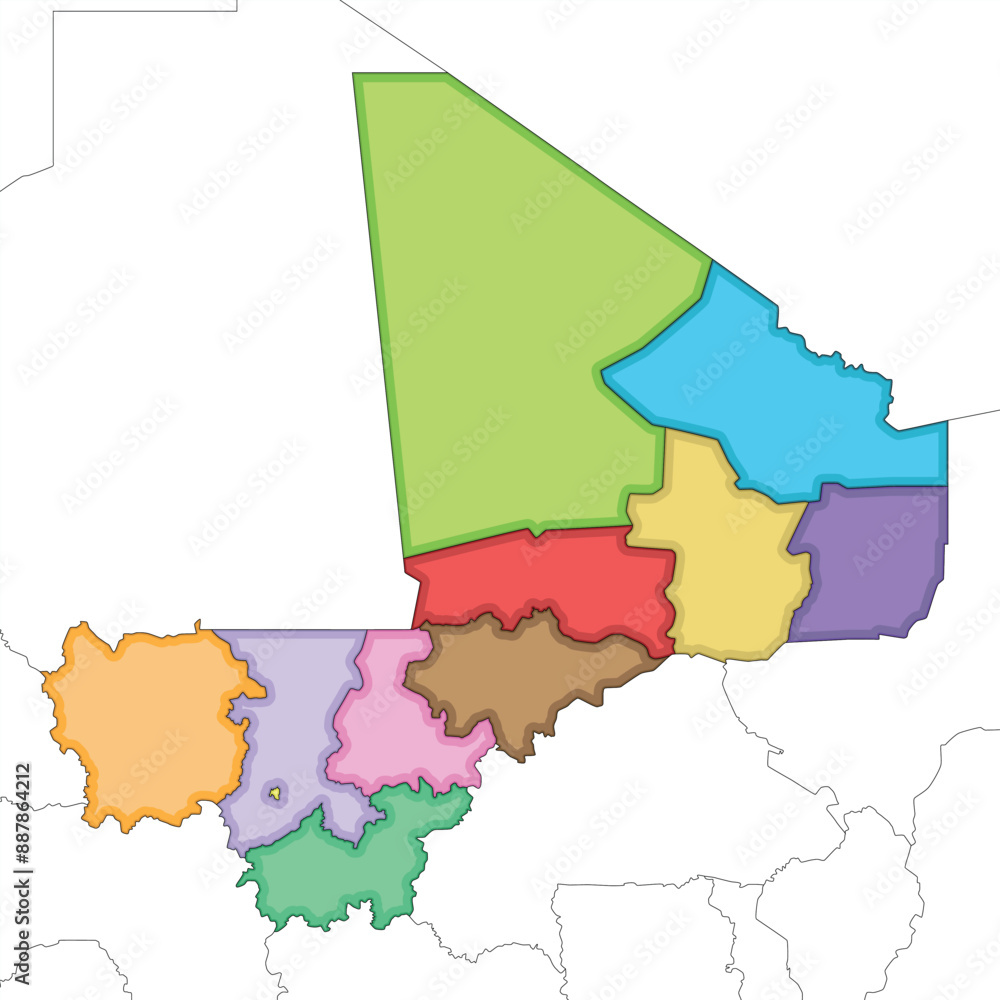 Vector illustrated blank map of Mali with regions, capital district and ...