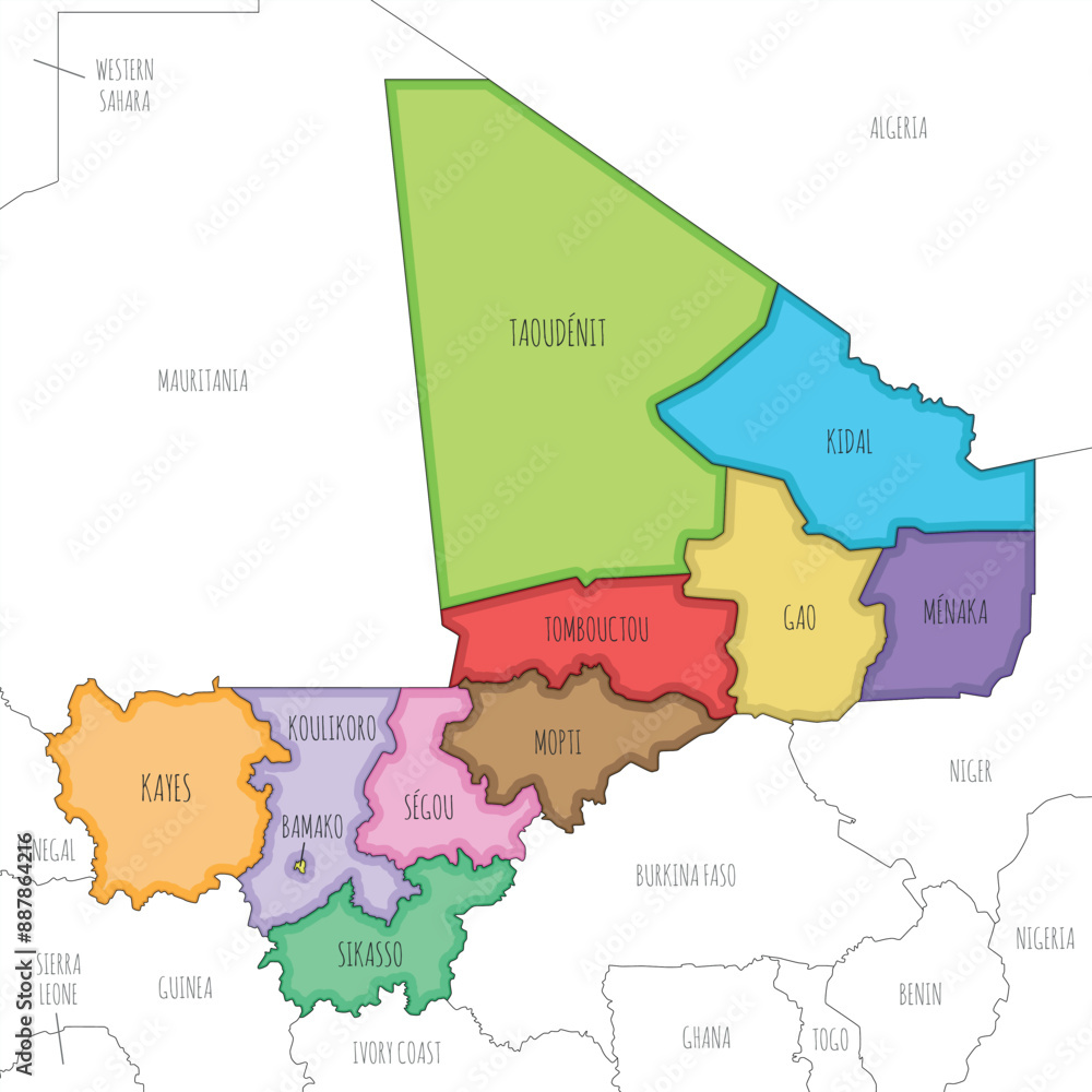 Vector illustrated map of Mali with regions, capital district and ...
