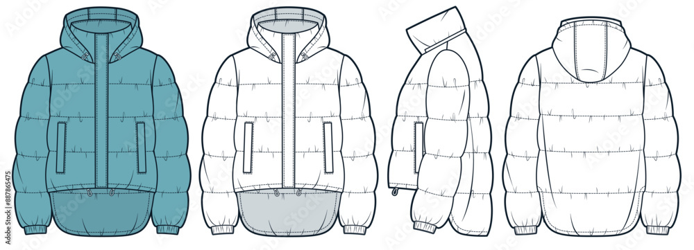Hooded Down Jacket technical fashion Illustration. Padded Jacket ...