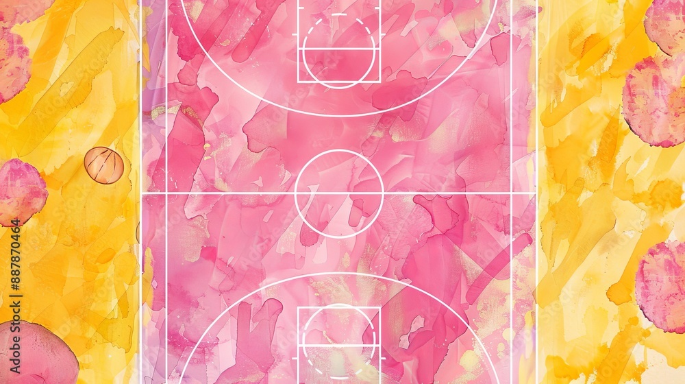 drawing of pink and yellow basketball court with top view , watercolor ...