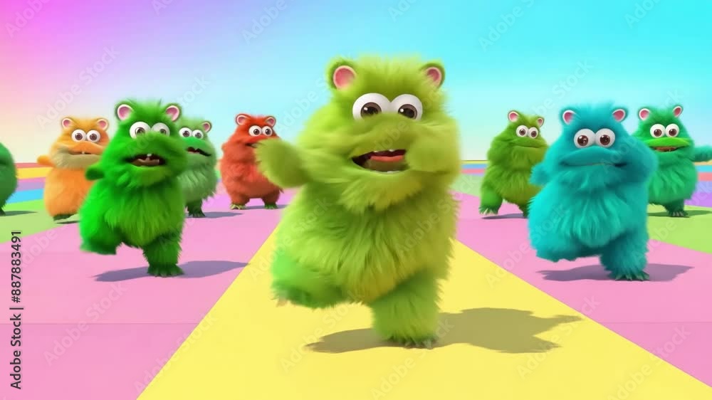 Green, furry monsters, made in a 3D cartoon style, have fun by dancing ...