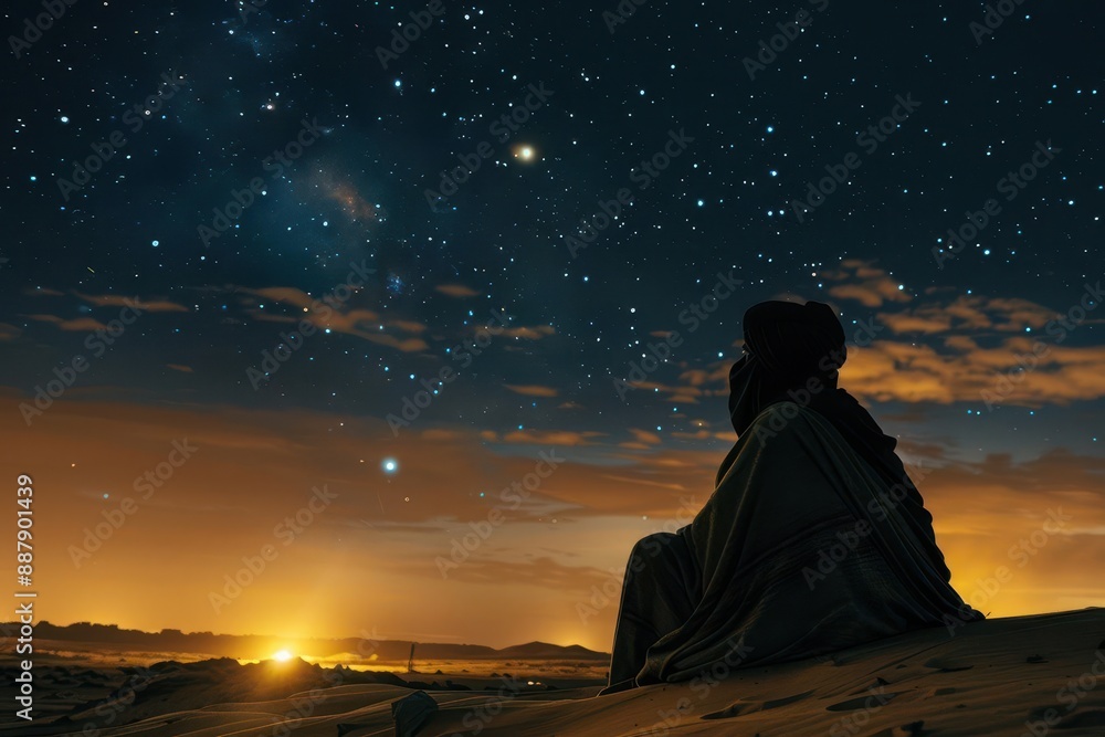 silhouette of abraham gazing at starfilled night sky desert landscape ...