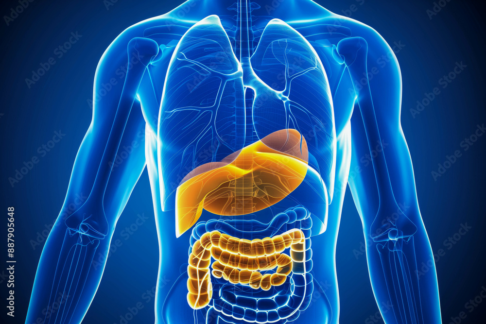 Human liver, with its lobes and bile ducts, performing essential ...