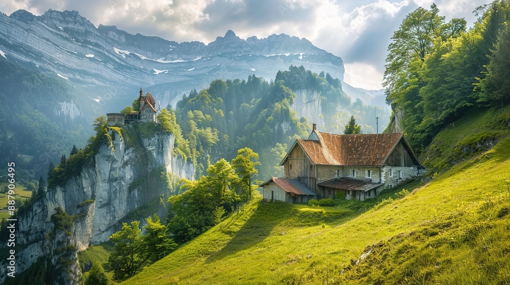 ภาพประกอบสต็อก Idyllic Rustic Village Nested in Dense Forest, Featuring ...