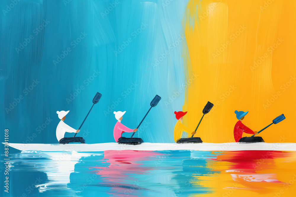 Abstract painting of a rowing team in action, capturing the intensity ...