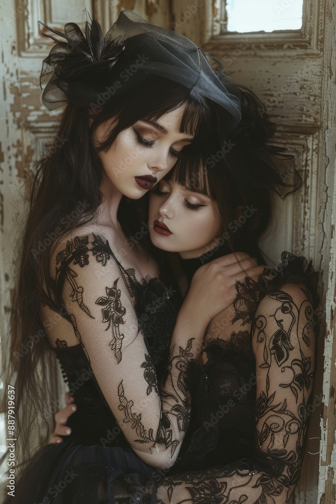 Romantic Embrace in Lost place: Two Goth-styled women in Victorian ...