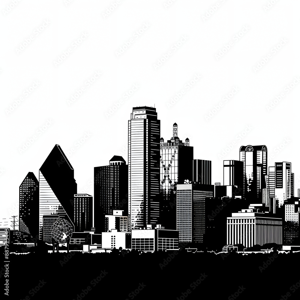 skyline in late afternoon in dallas in black and white, texas, usa ...