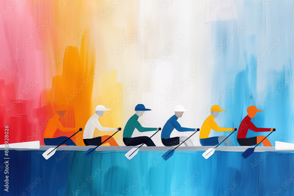 Abstract painting of a rowing team in action, highlighting the teamwork ...