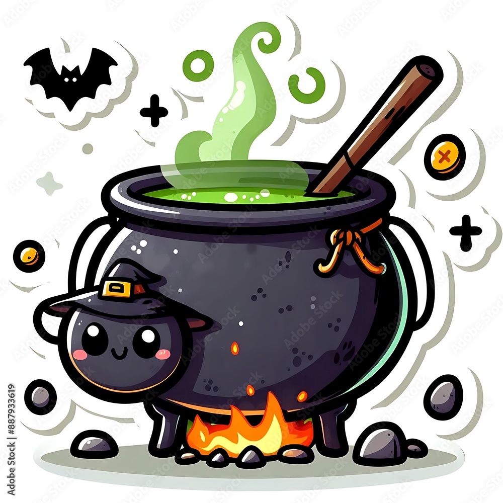 Cartoon witch cauldron with cute face in hat, steam, and bubbling green ...