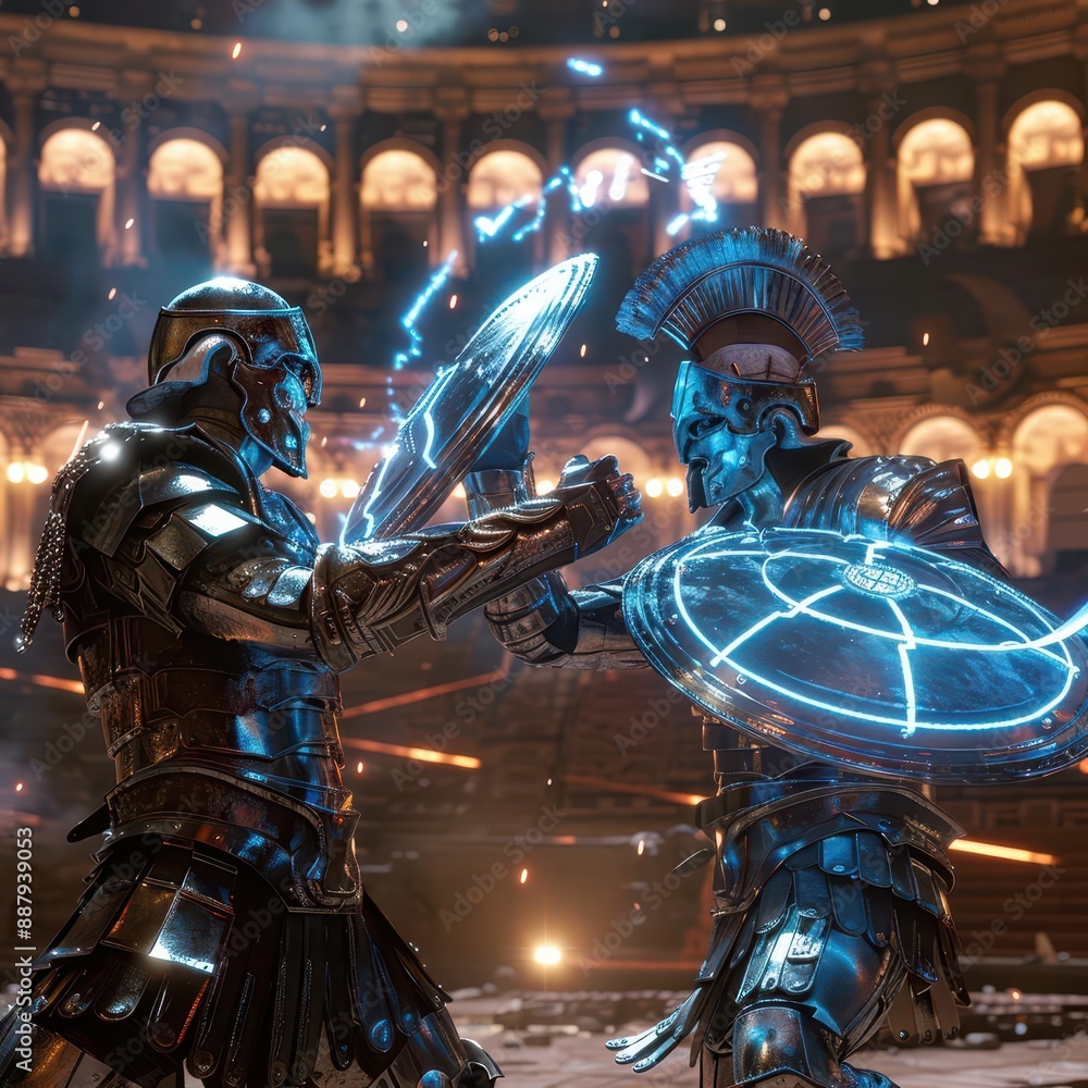 epic battle scene between two futuristic romaninspired warriors ...
