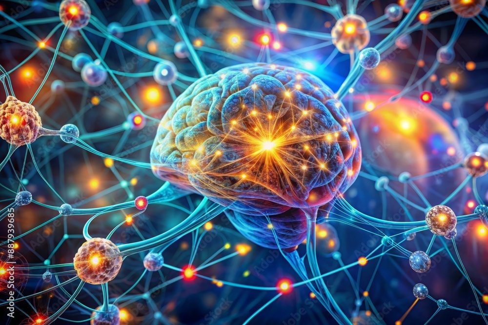 Vibrant 3D illustration of the human brain's intricate neural network, with glowing pathways and ...