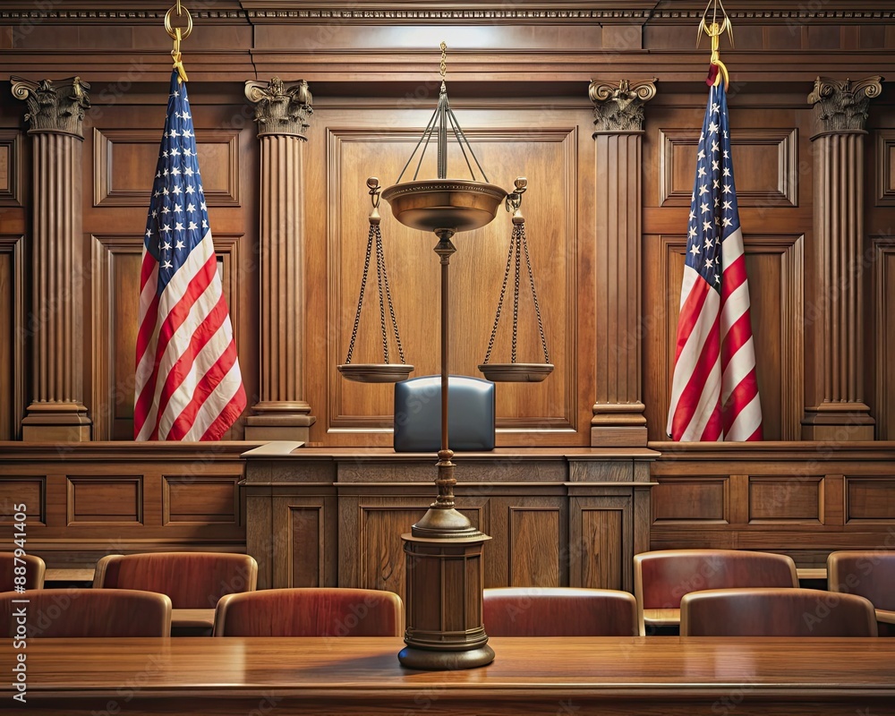 Majestic courtroom interior with wooden judge's bench, stern-looking ...