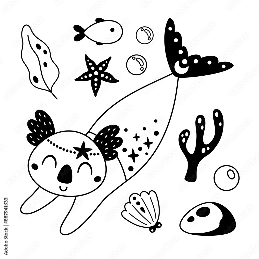 Bkack and white mermaid clipart. Cute mermaid animal clipart in cartoon ...