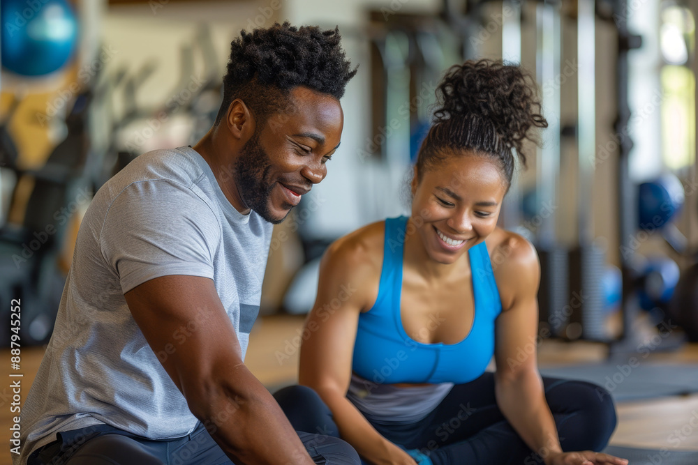Man and woman working out together in gym, smiling and staying fit ...