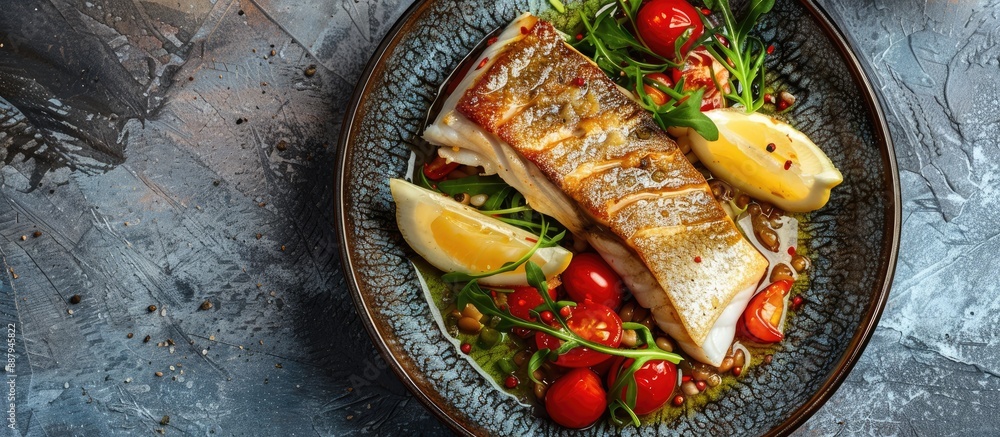 Fried hake fillet as a seafood main course option on a pescatarian menu ...