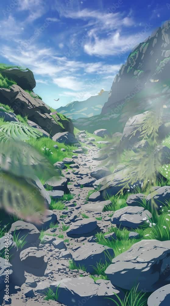 vertical landscape rock path with clear sky view. cartoon or anime ...